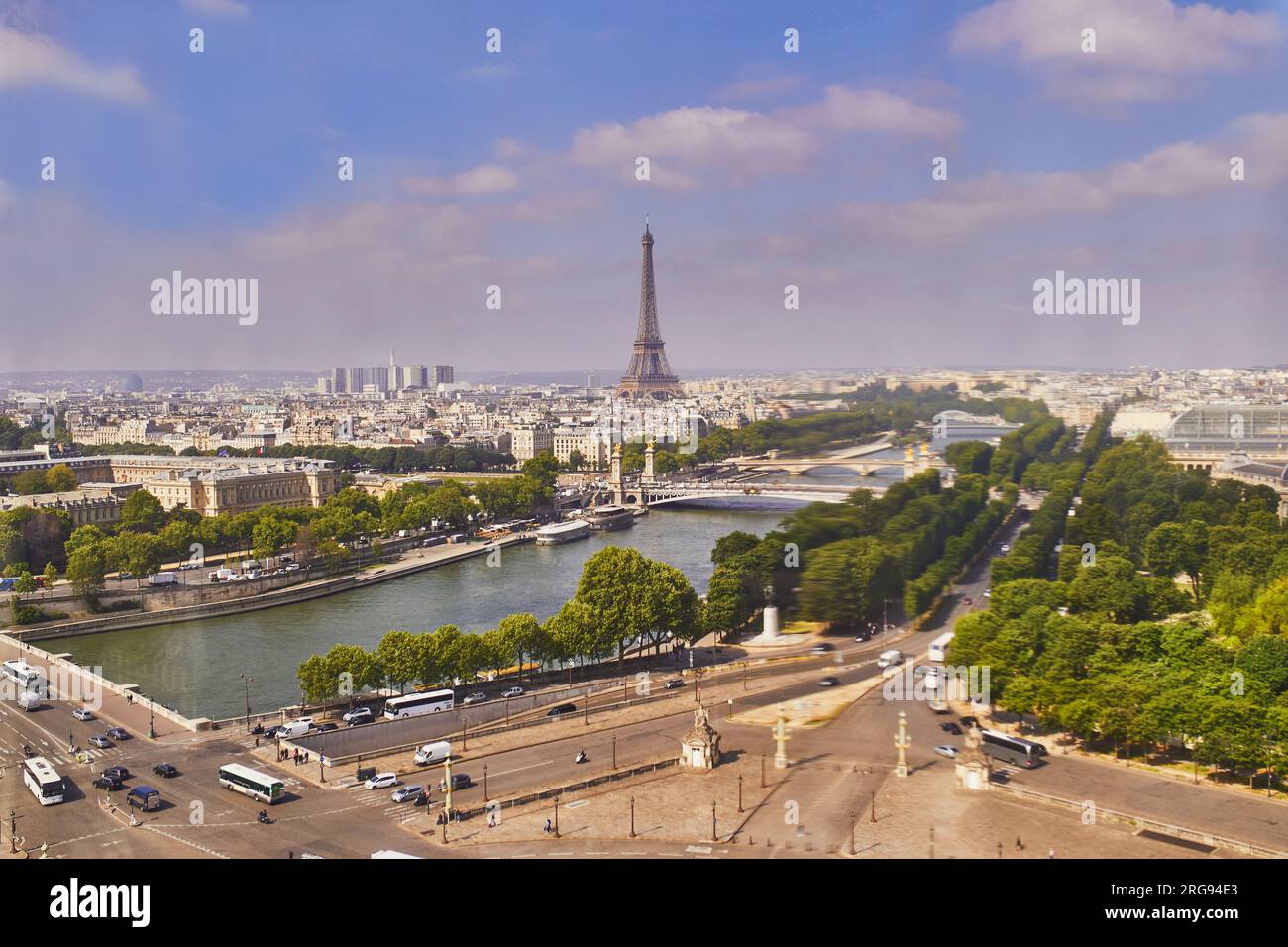 Aerial scenic view of the Eiffel tower, river Seine and Place de la ...