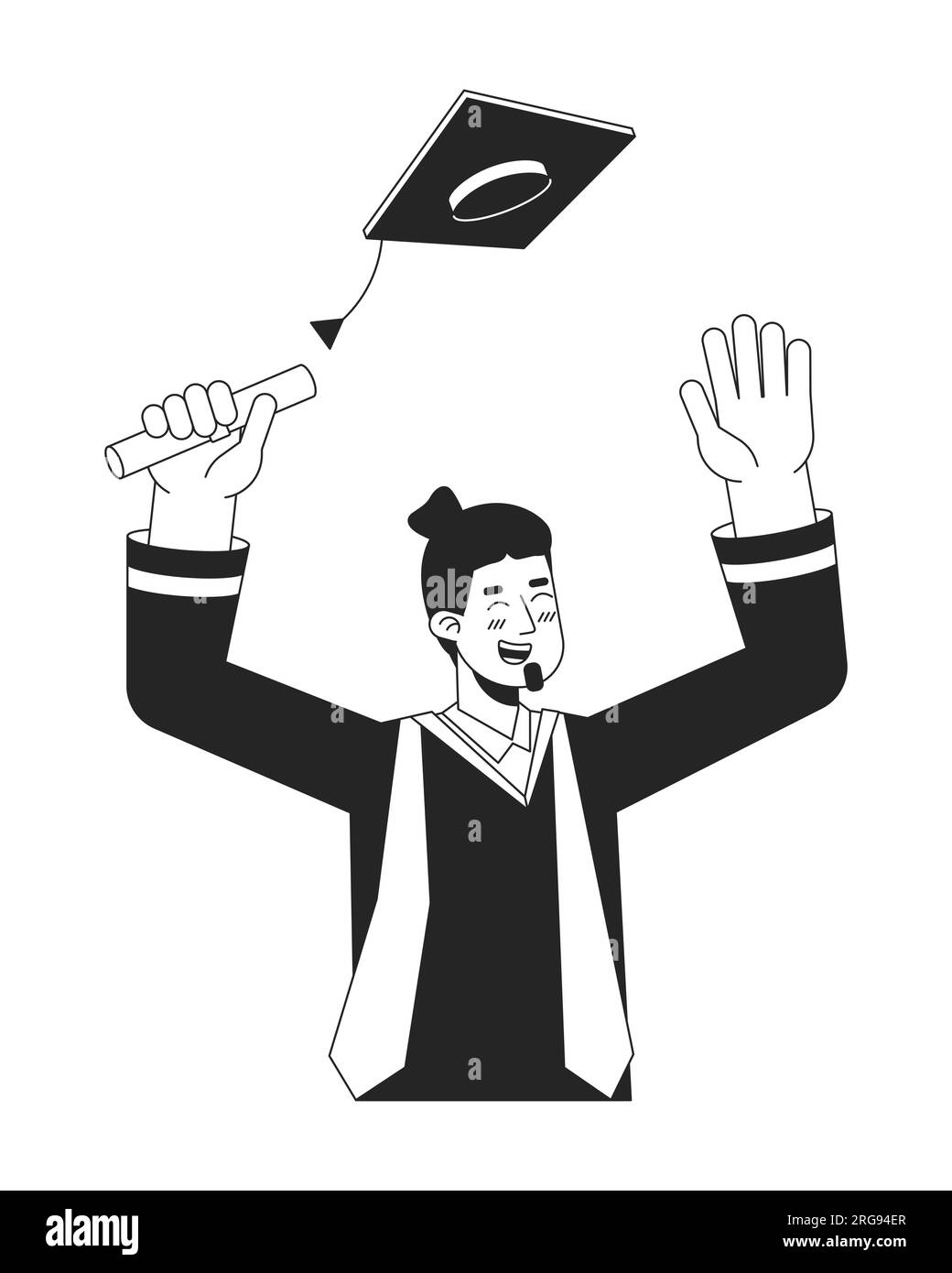 European male graduate throwing graduation cap flat line black white ...