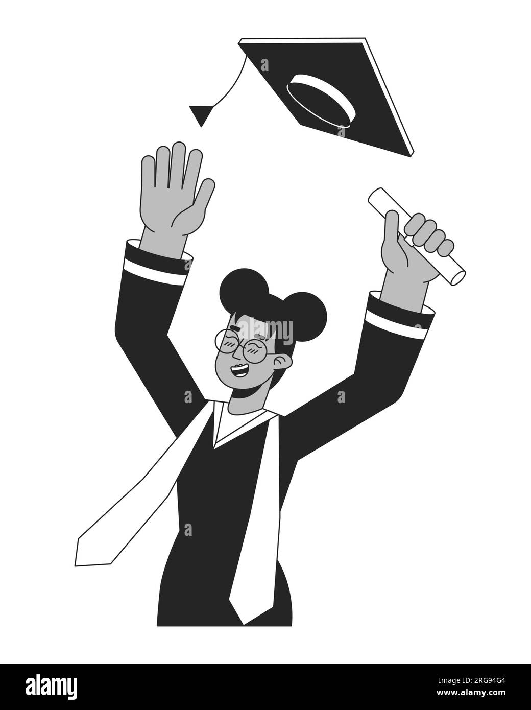 Female high school graduate celebrating flat line black white vector ...