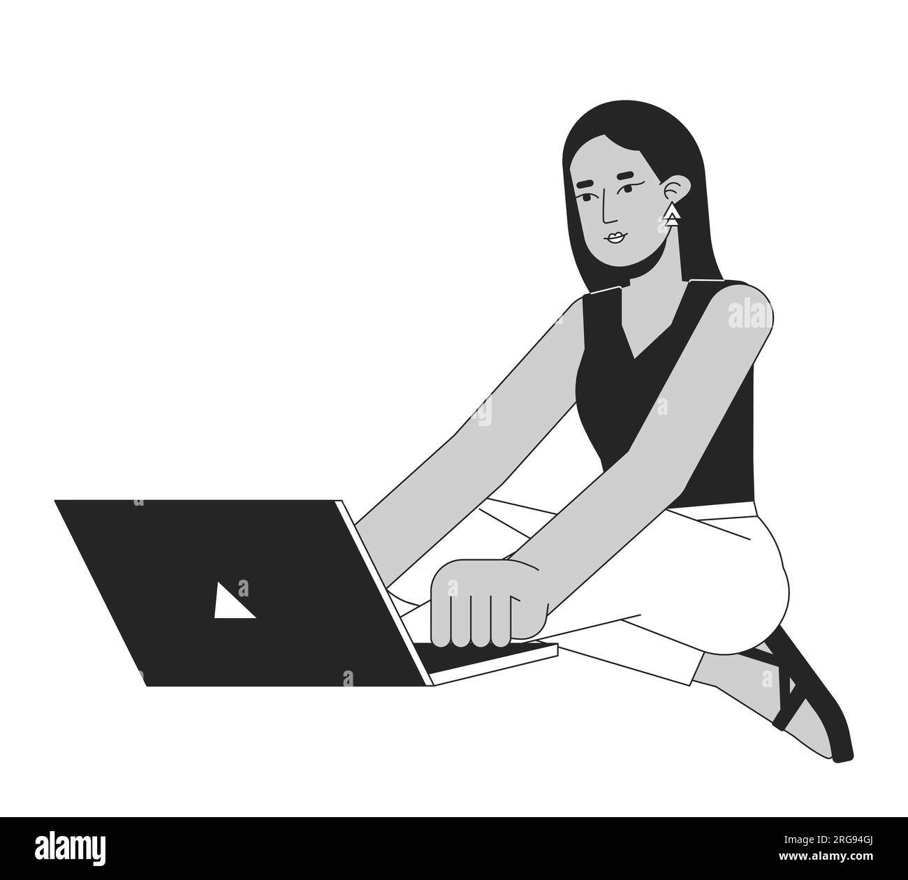 Middle eastern young adult woman with laptop flat line black white ...