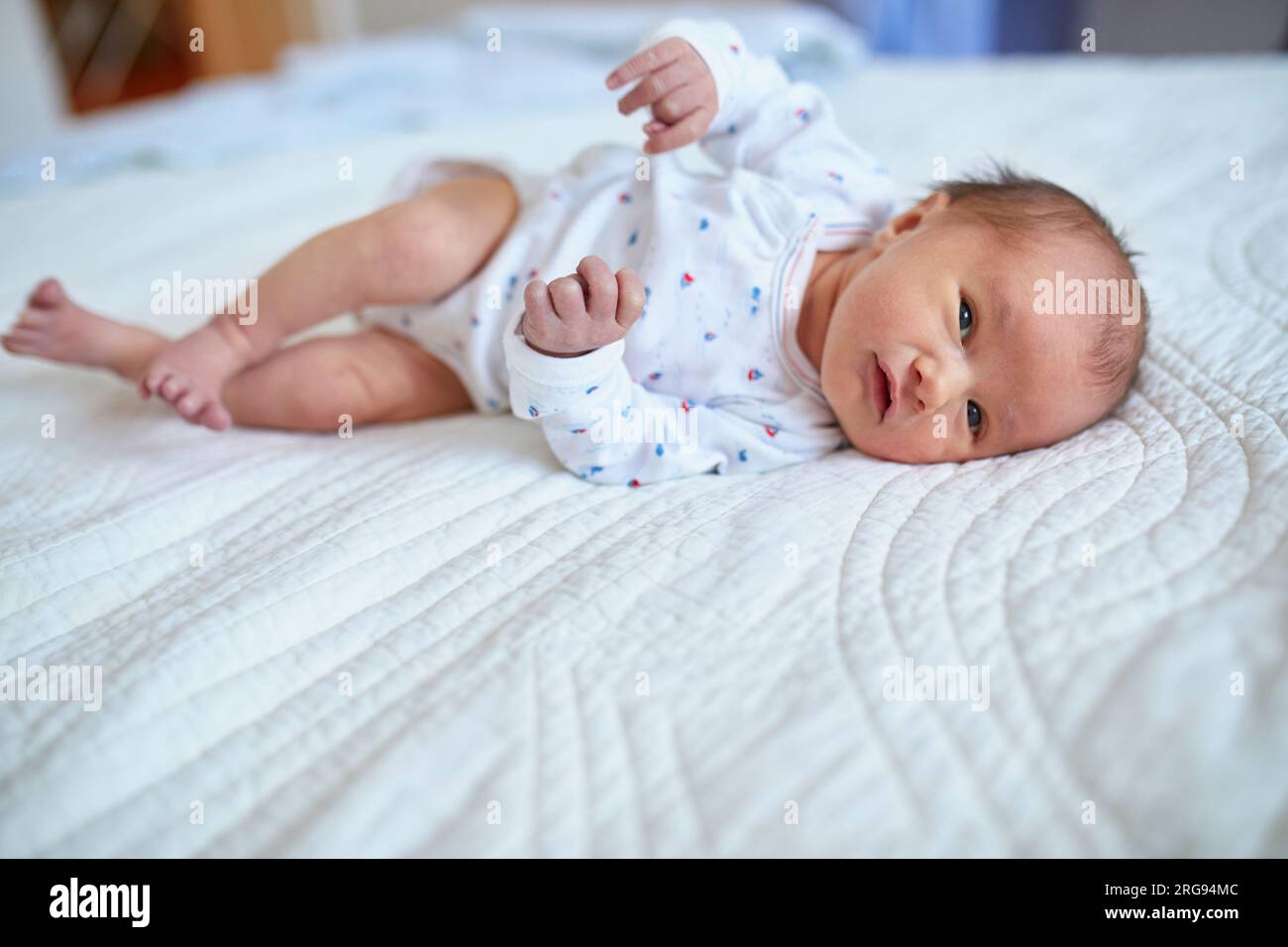 Adorable newborn baby girl lying on her parents' bed at home Stock Photo - Alamy