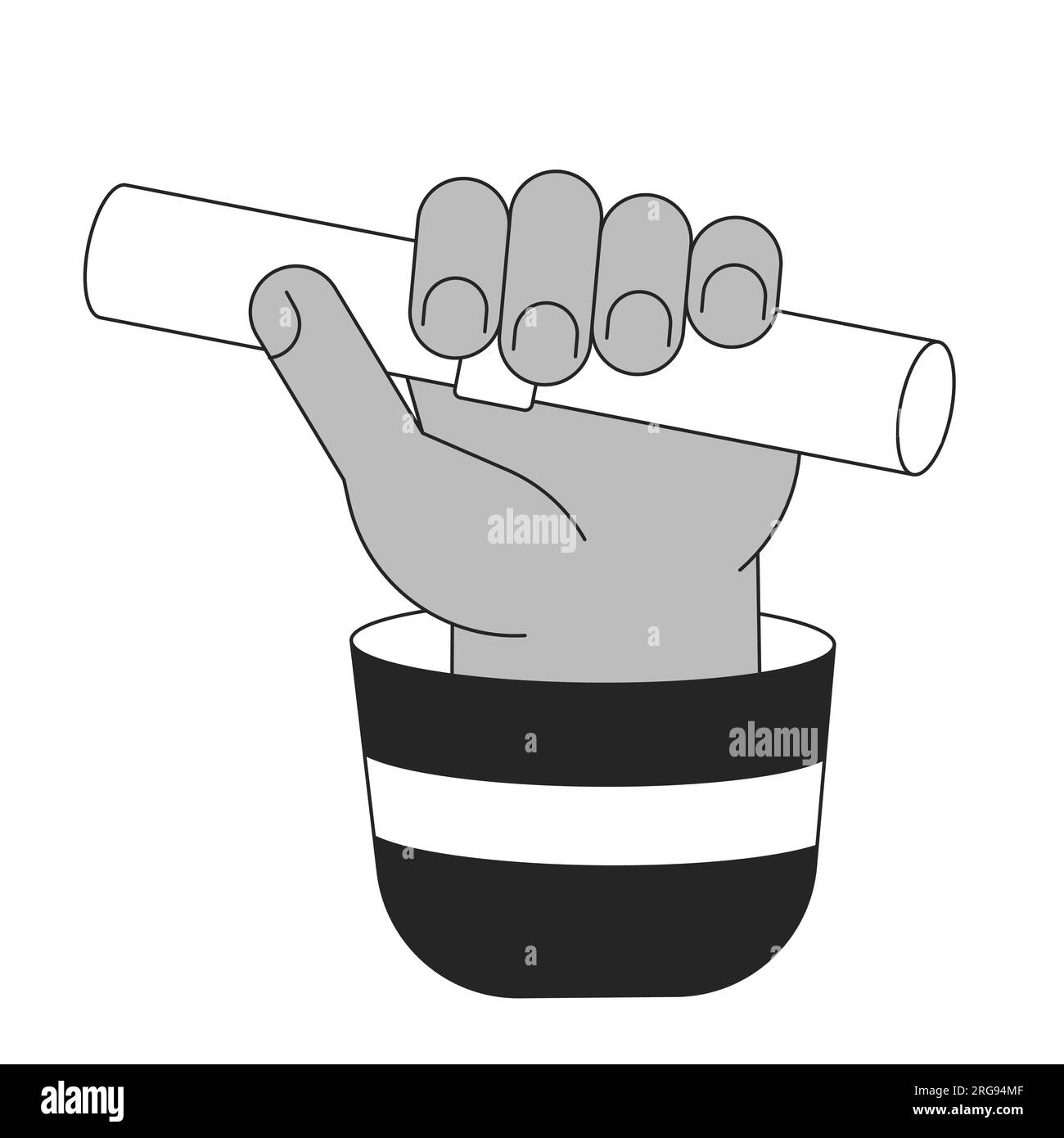 Holding diploma scroll flat line black white vector character hand ...