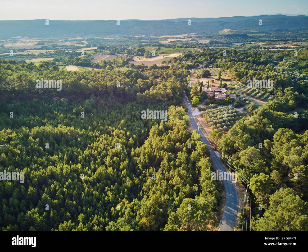 Aerial scenic Mediterranean landscape with cypresses, olive trees and ...