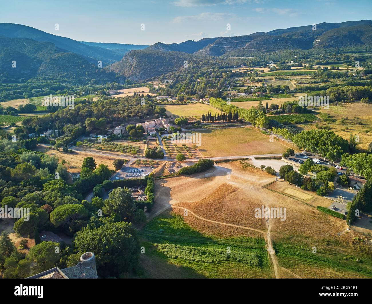 Aerial scenic Mediterranean landscape with cypresses, olive trees and ...