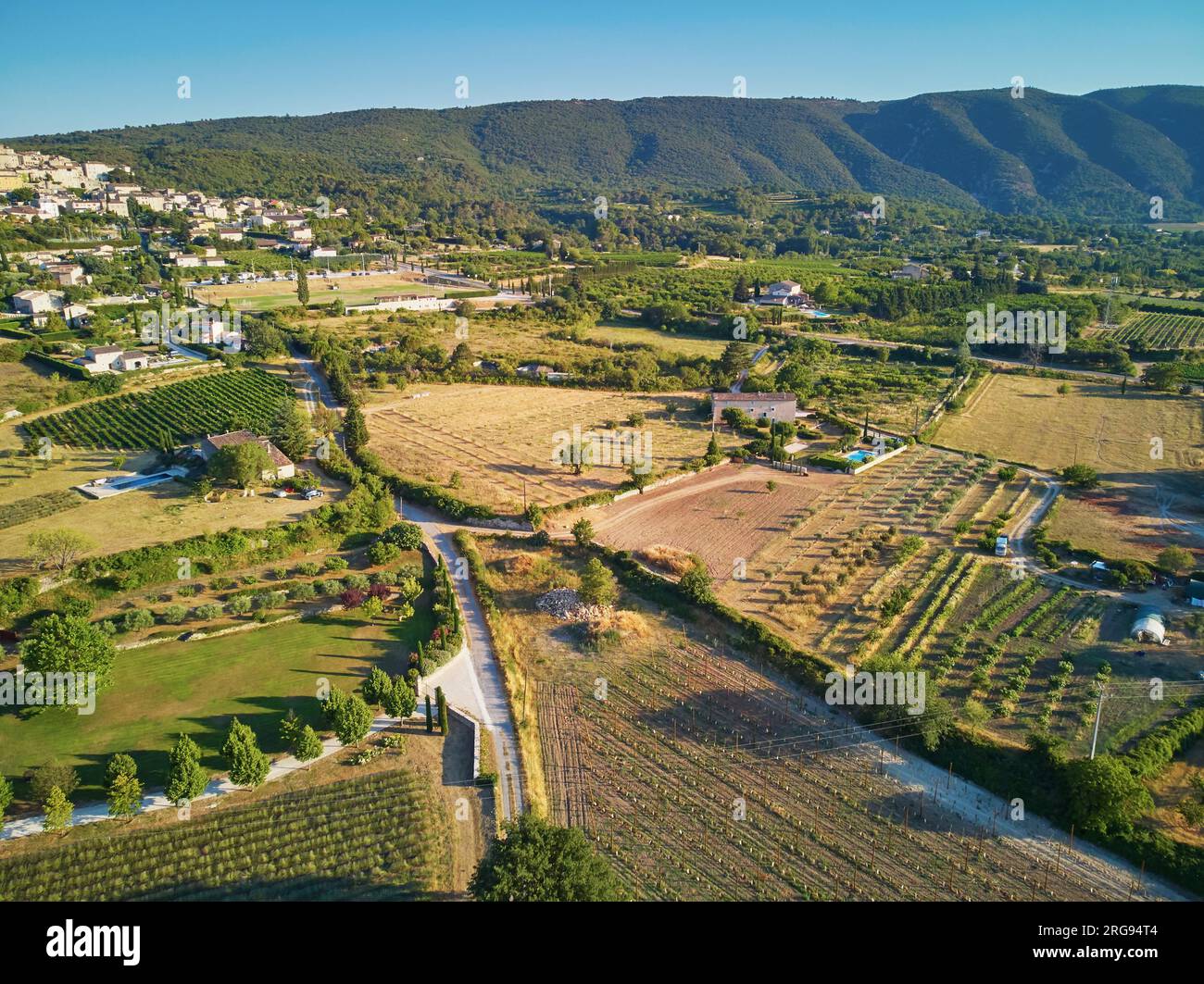 Aerial scenic Mediterranean landscape with cypresses, olive trees and ...