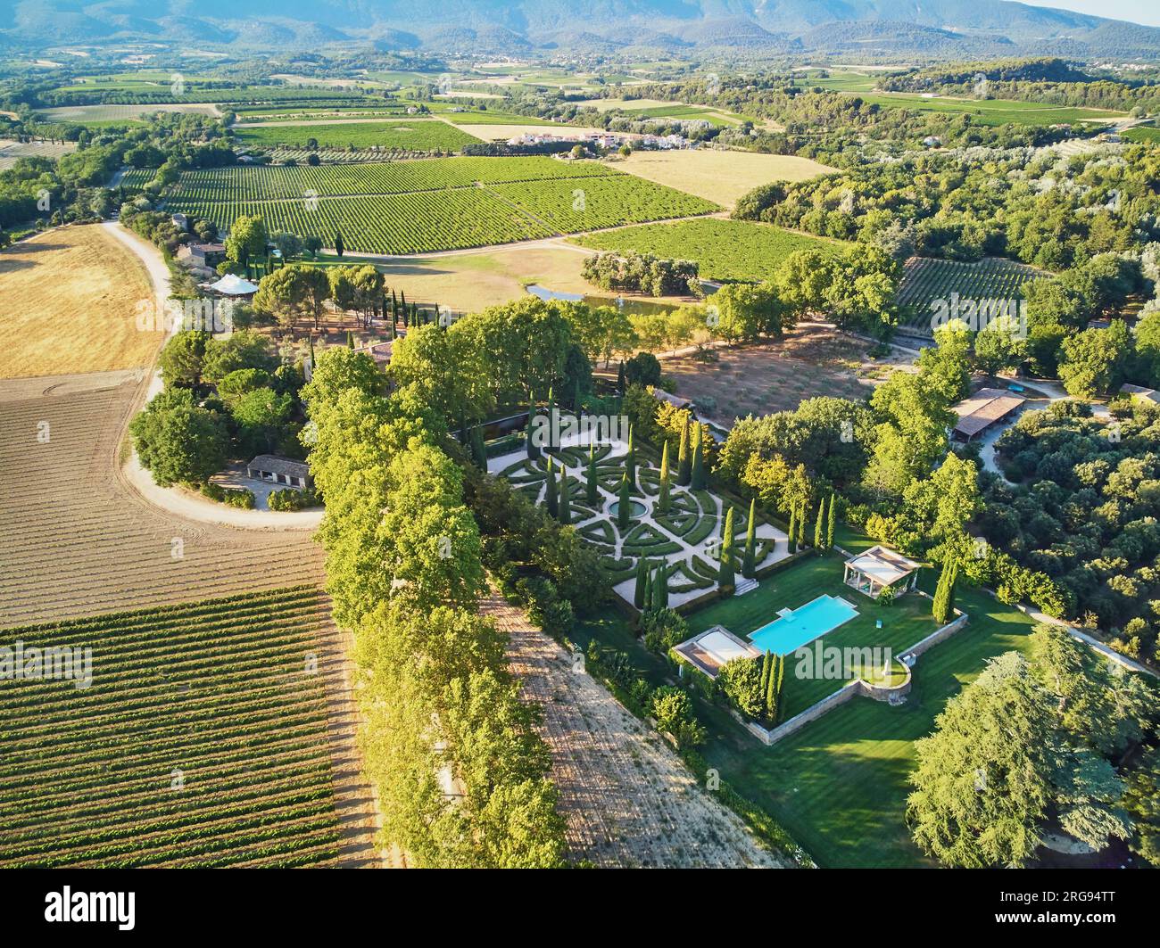 Aerial scenic Mediterranean landscape with cypresses, olive trees and ...