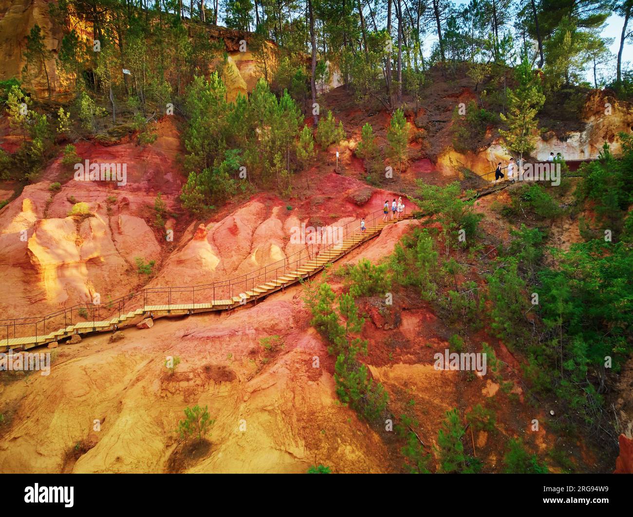 Aerial drone view of famous Ochre path (Sentier des Ocres in French ...