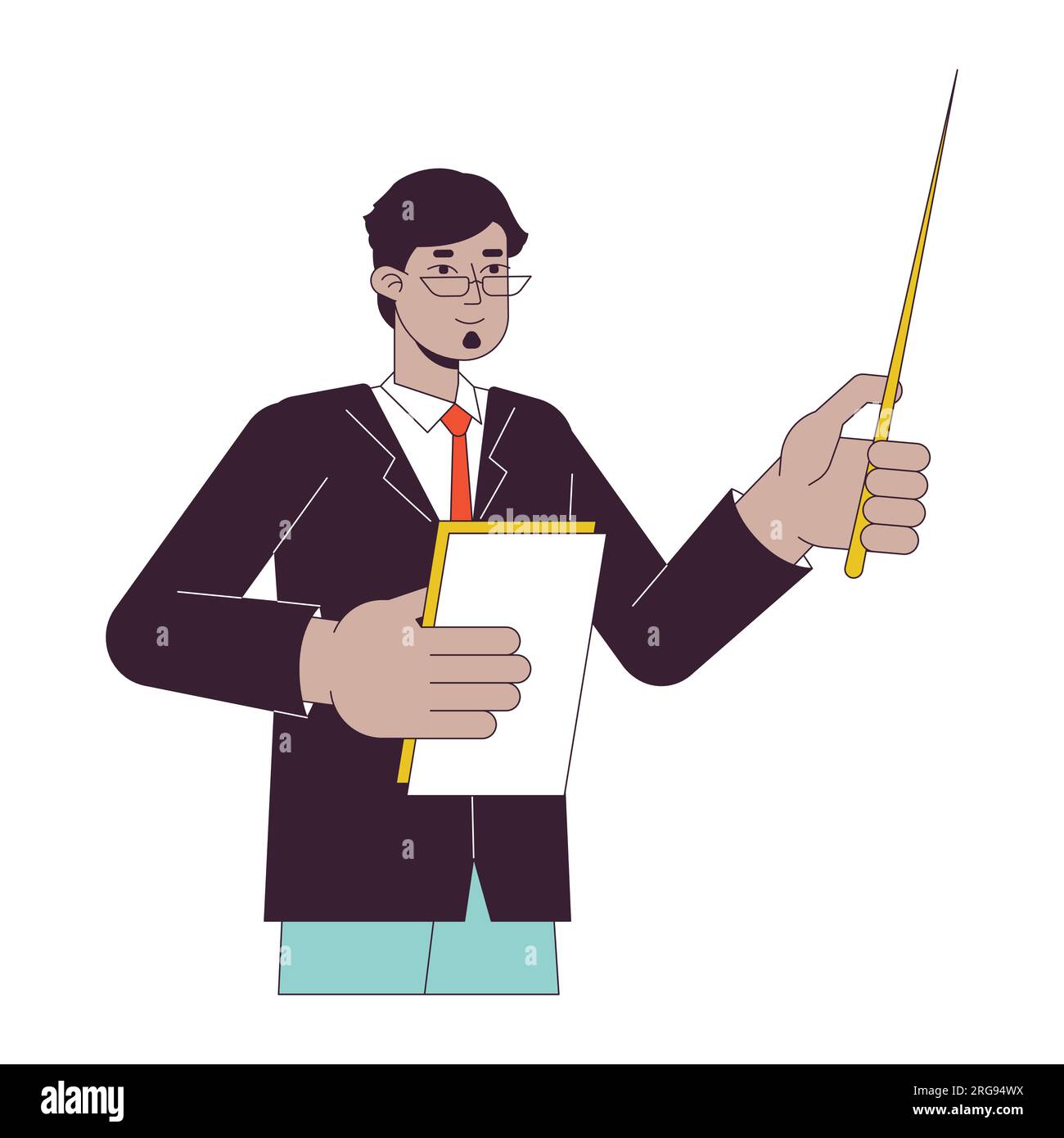 Classroom adult teacher holding pointer stick flat line color vector ...