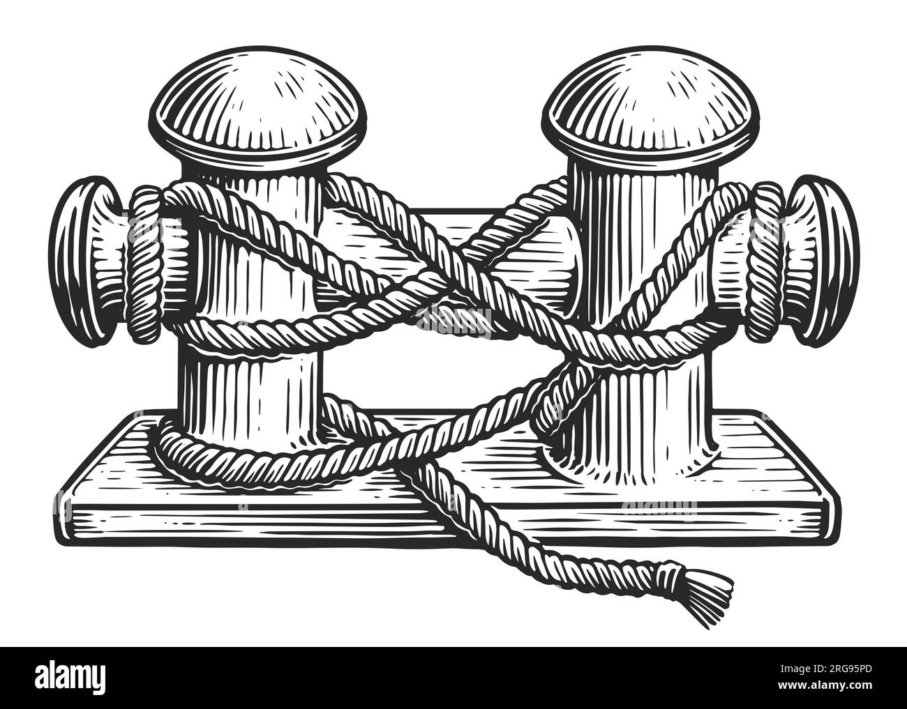 Mooring bollard with ship rope. Marine concept. Sketch vintage ...