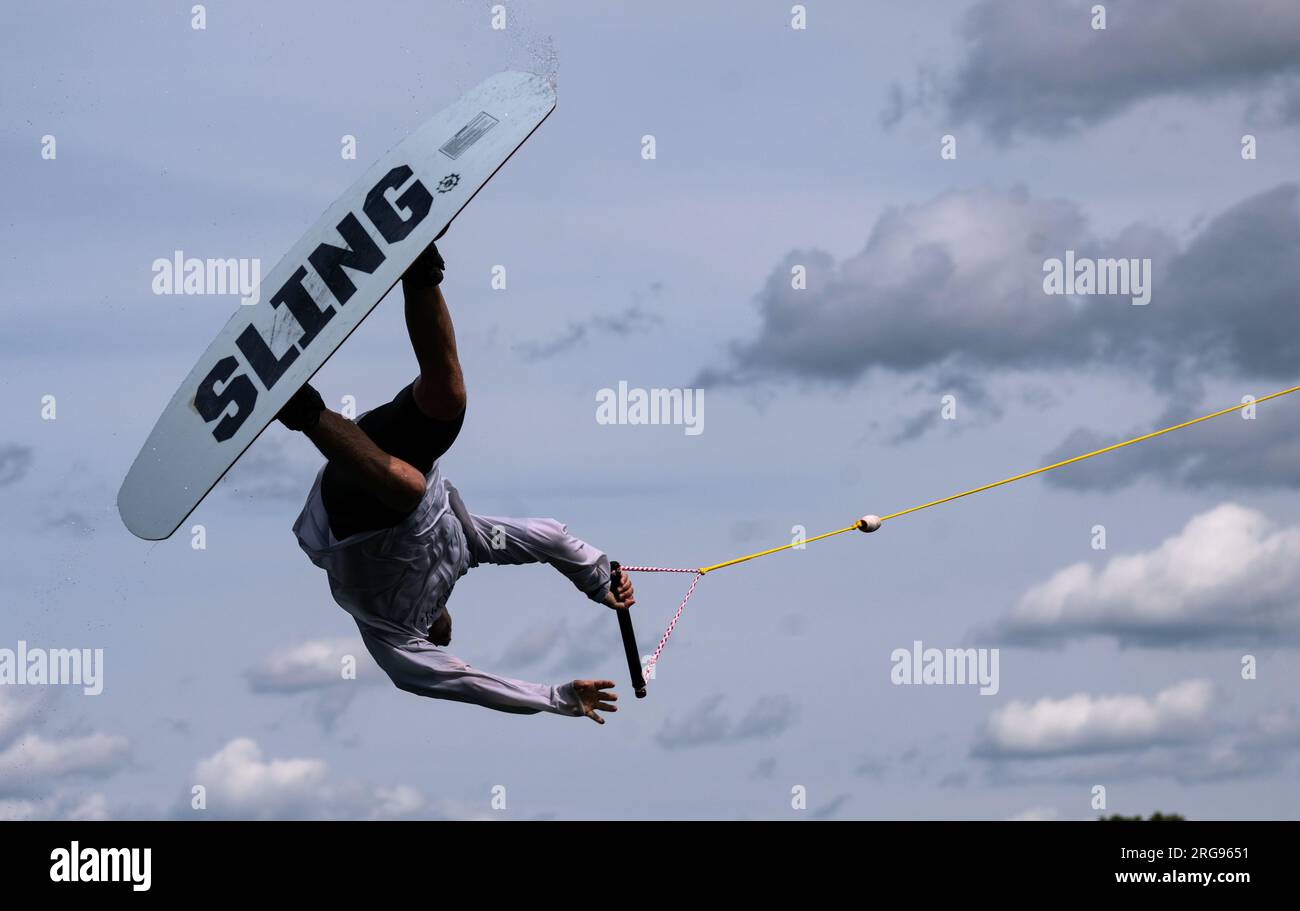St. Leon Rot, Germany. 08th Aug, 2023. A wakeboarder rides on the water ...