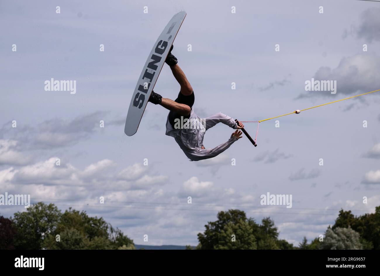 St. Leon Rot, Germany. 08th Aug, 2023. A wakeboarder rides on the water ...