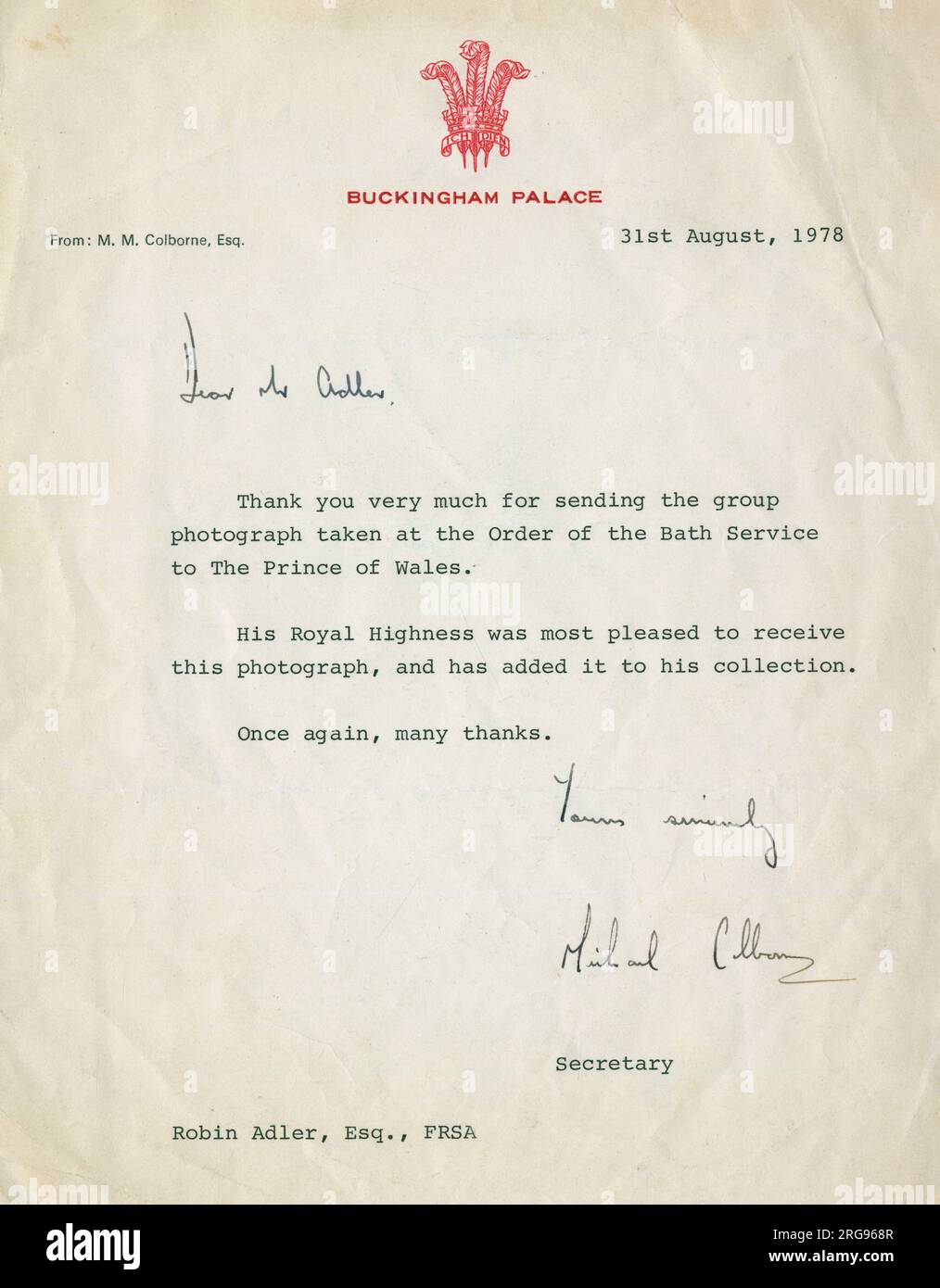 Buckingham Palace letter, thanking the photographer for a group ...