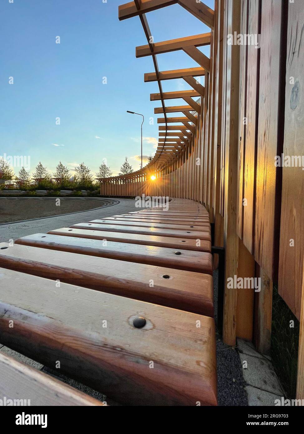Geometrically correct angle of the bench with the sun. Wide-angle lens ...
