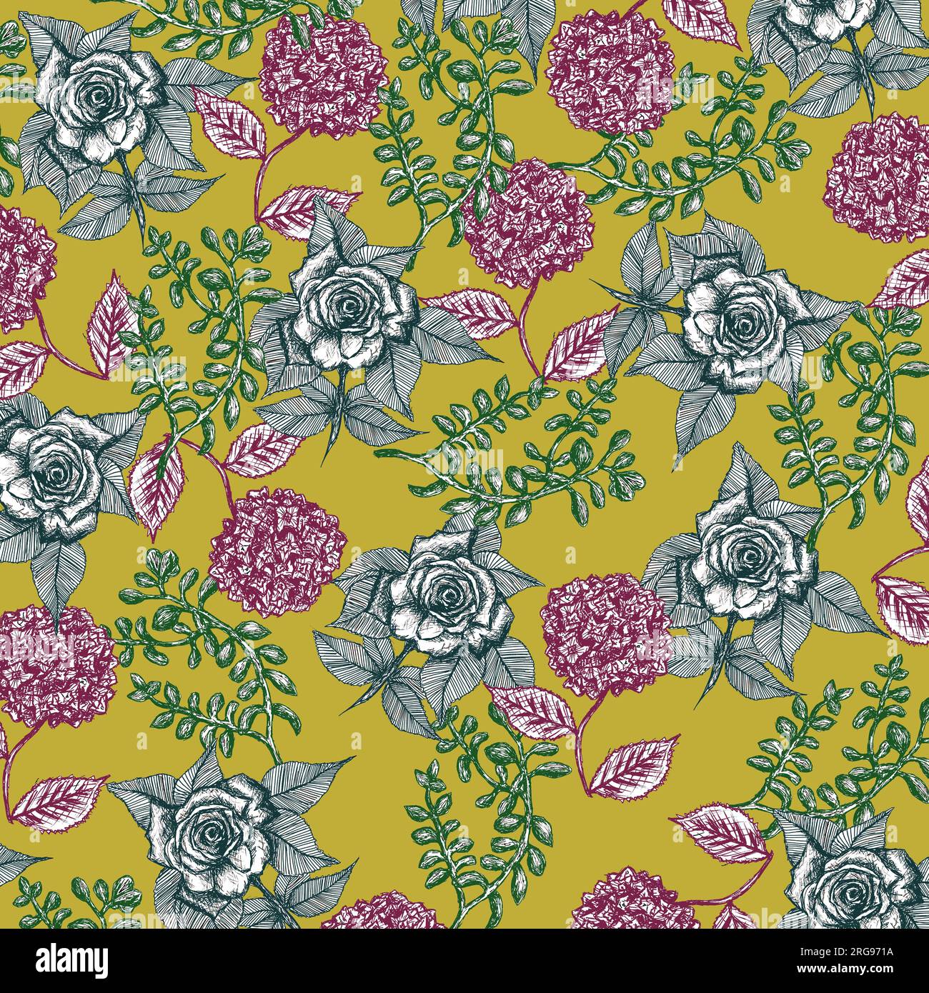 Rose and hydrangea pattern Stock Photo - Alamy