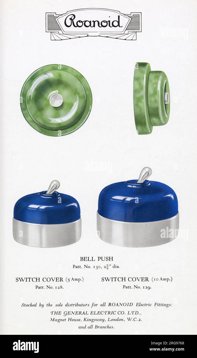 Roanoid bakelite bell push in marbled green and switch covers in blue ...