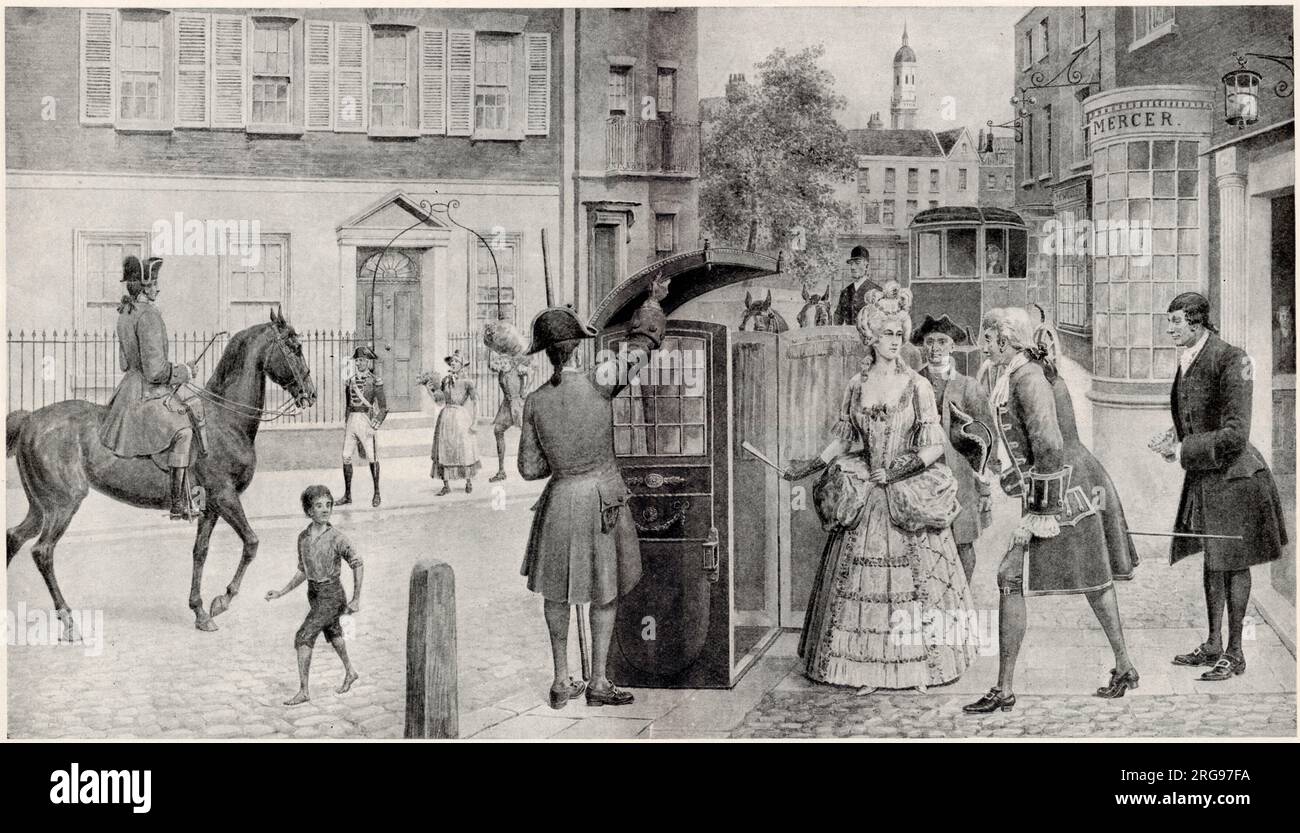 Street scene in Georgian Times, showing a fine lady leaving a shop and ...
