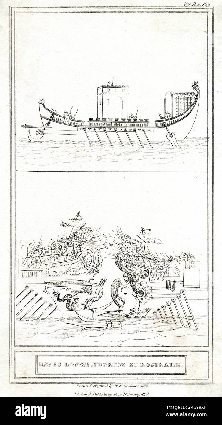 Ancient Greek warships, the upper one with a turret Stock Photo - Alamy