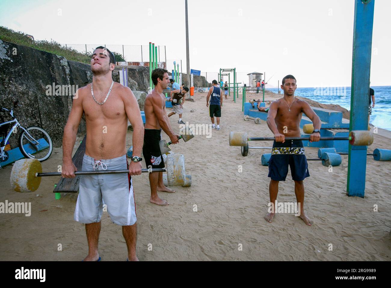 Brazil, Rio de Janeiro - locals exercise in the workout park at Ipanema ...