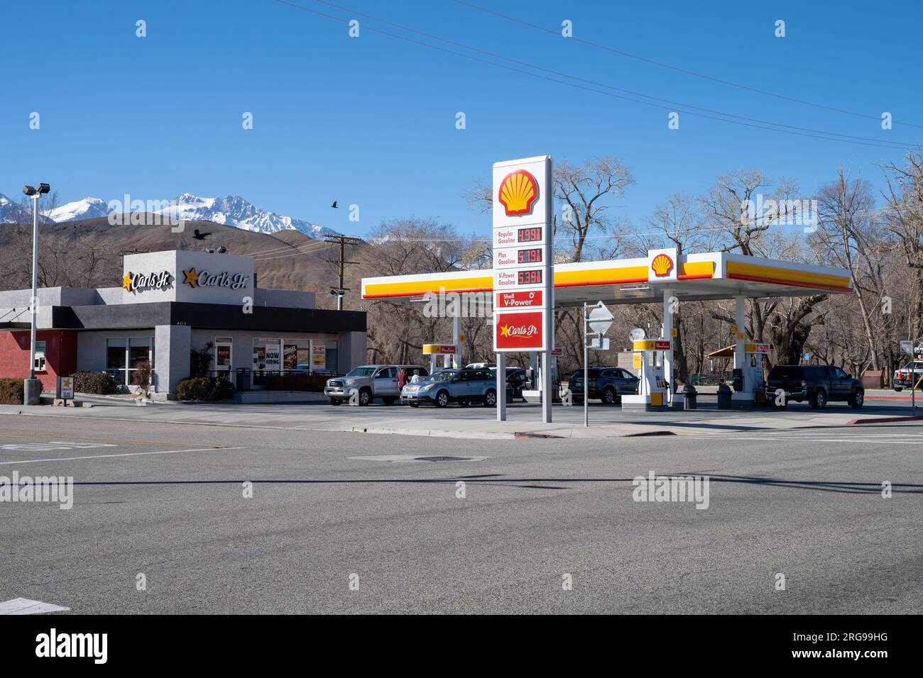 Lone Pine, CA, USA - February 9th, 2023 - Exterior of a Shell gasoline ...