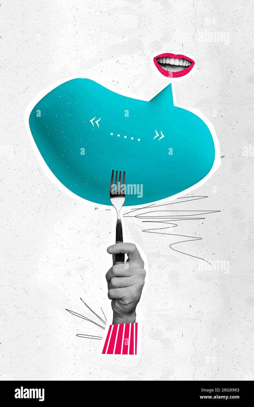 Vertical collage picture of black white colors arm hold fork talking ...