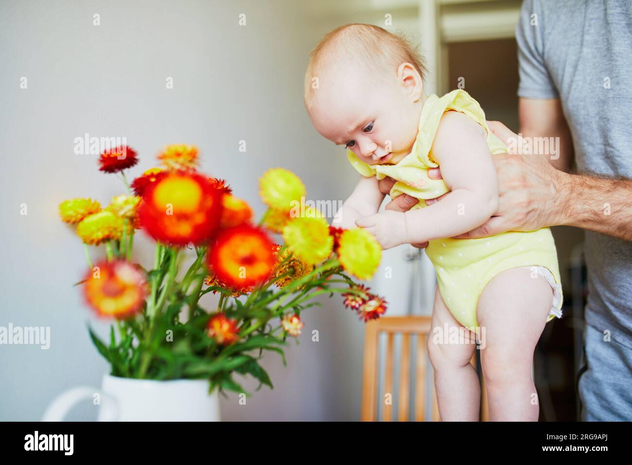 Man holding little baby girl and letting her touch flowers. Little kid ...