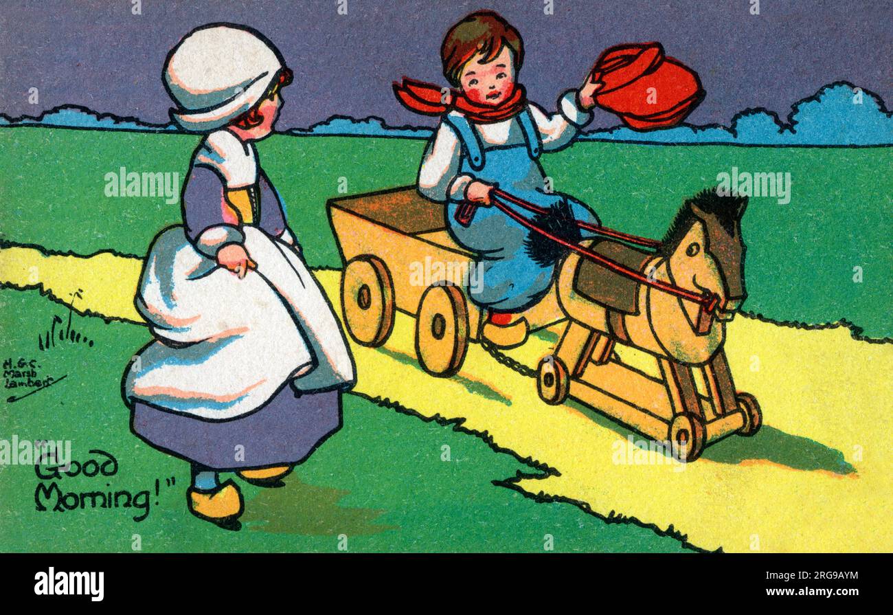 Good Morning! A Young Dutch Boy greets his girl and suggests a ride in ...
