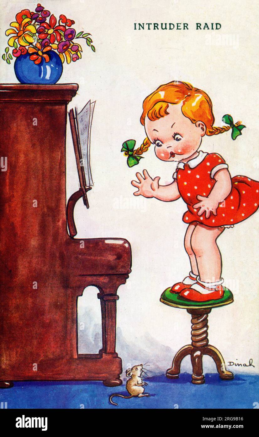 WW2 - Comic Postcard, Home Front - Intruder Raid - A little girl (with ...