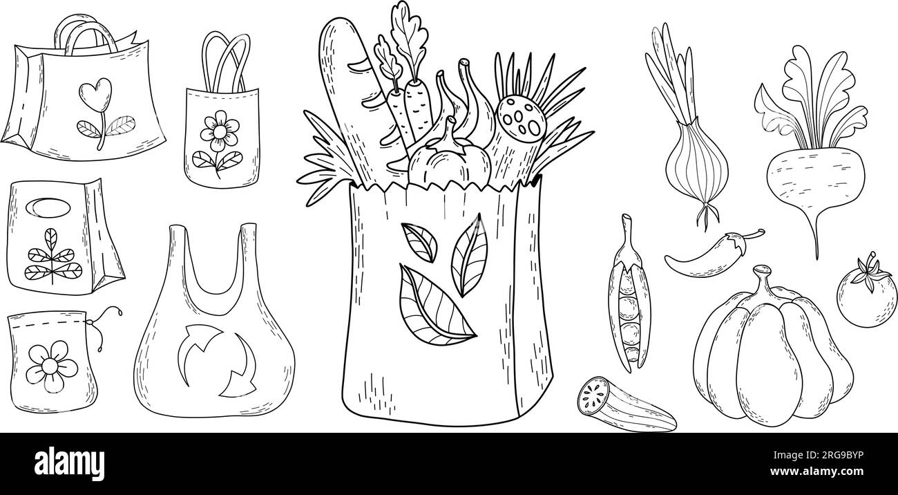 Collection Eco bags with food and vegetables. Isolated vector outline ...
