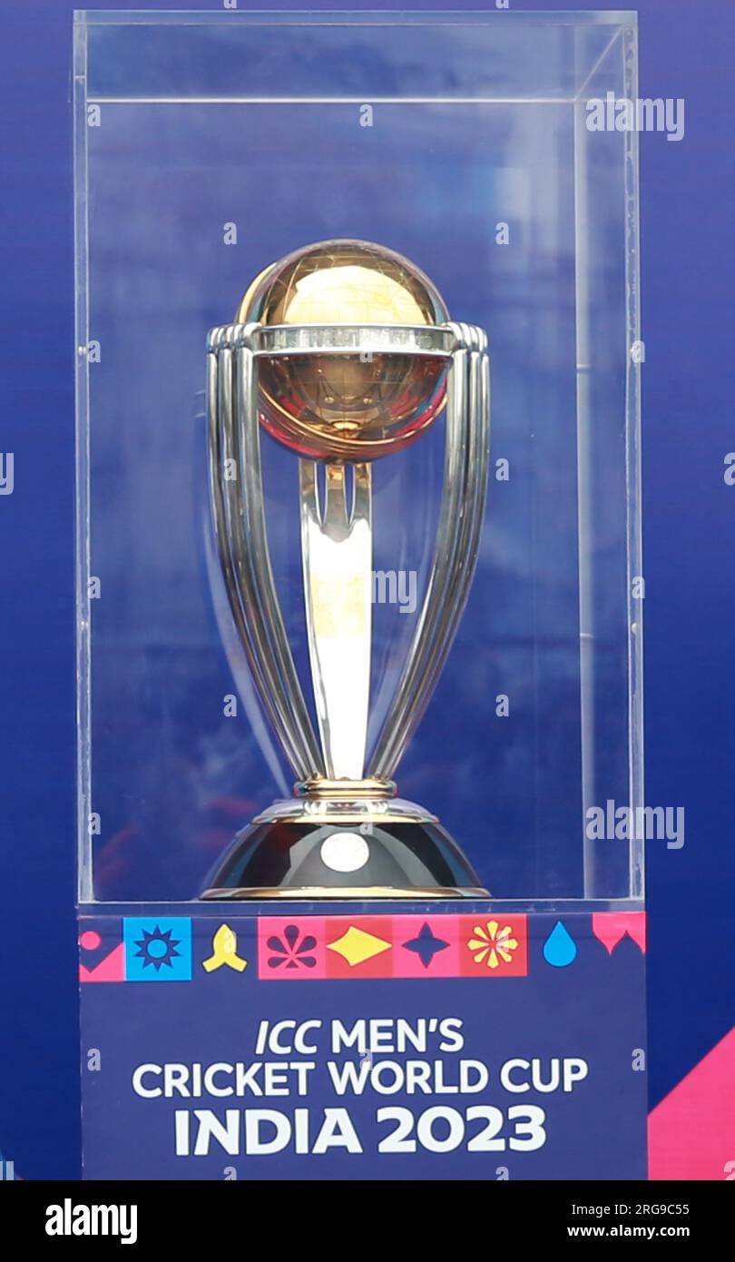The ICC Cricket World Cup 2023 trophy as it was on display at the Sher ...