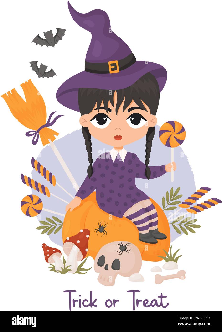 Halloween. Cute witch girl in hat with pumpkin, sweet candy lollipops ...