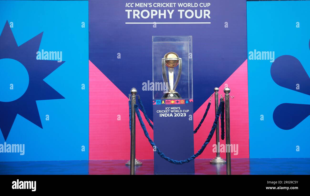 The ICC Cricket World Cup 2023 trophy as it was on display at the Sher ...