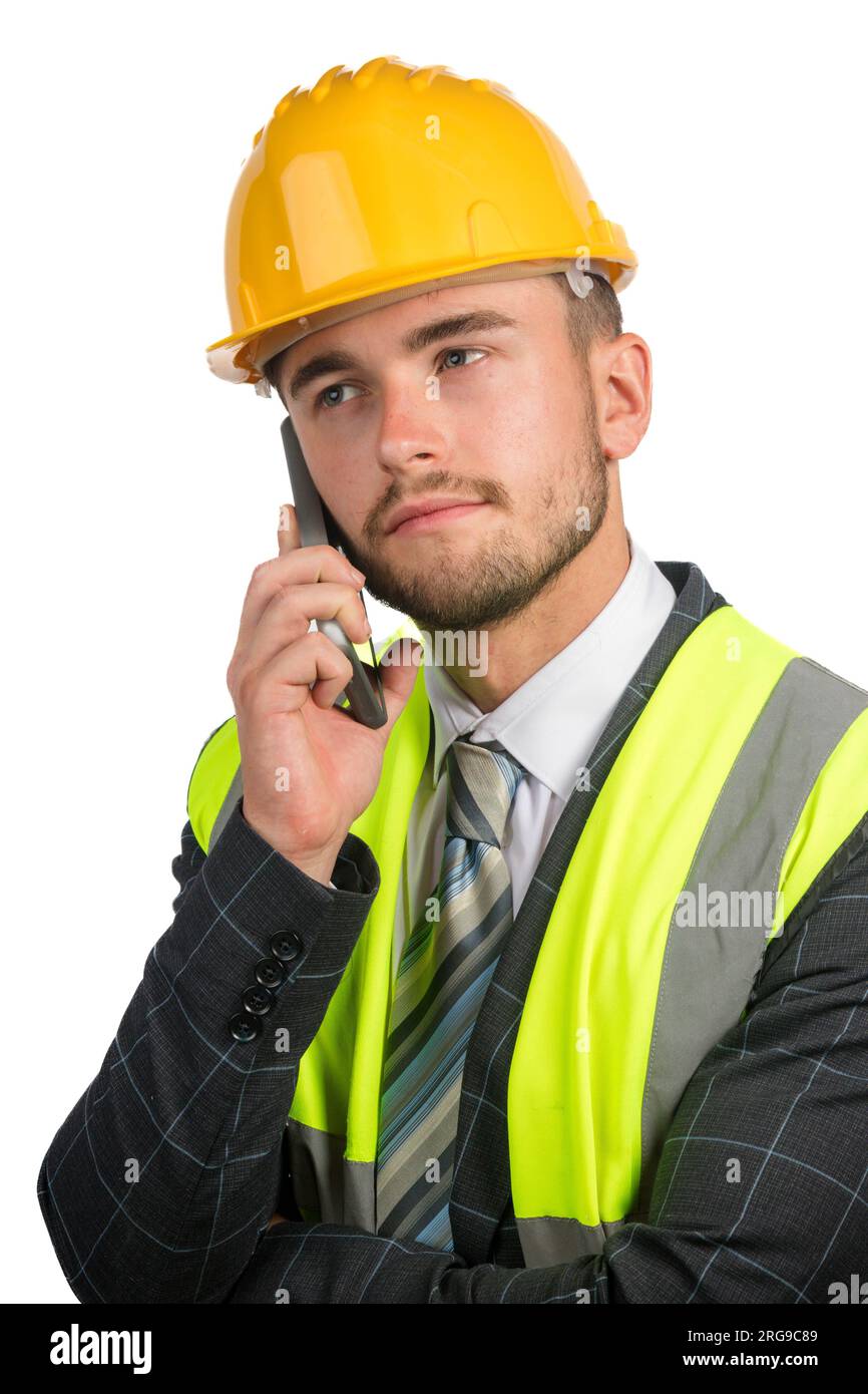 Portrait of a hsppy business man in a suit, with a hi-vis vest & hard ...
