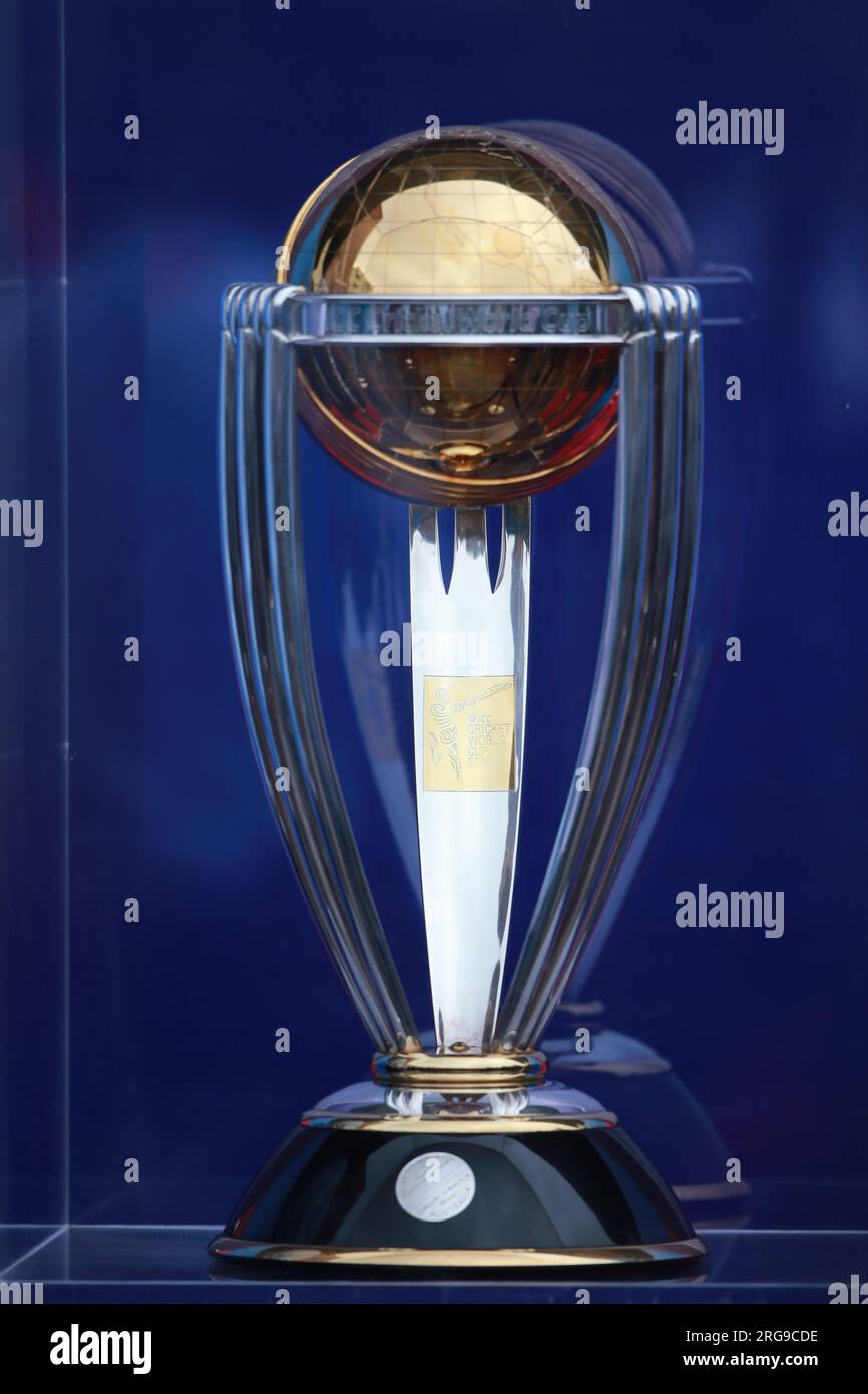 The ICC Cricket World Cup 2023 trophy as it was on display at the Sher ...