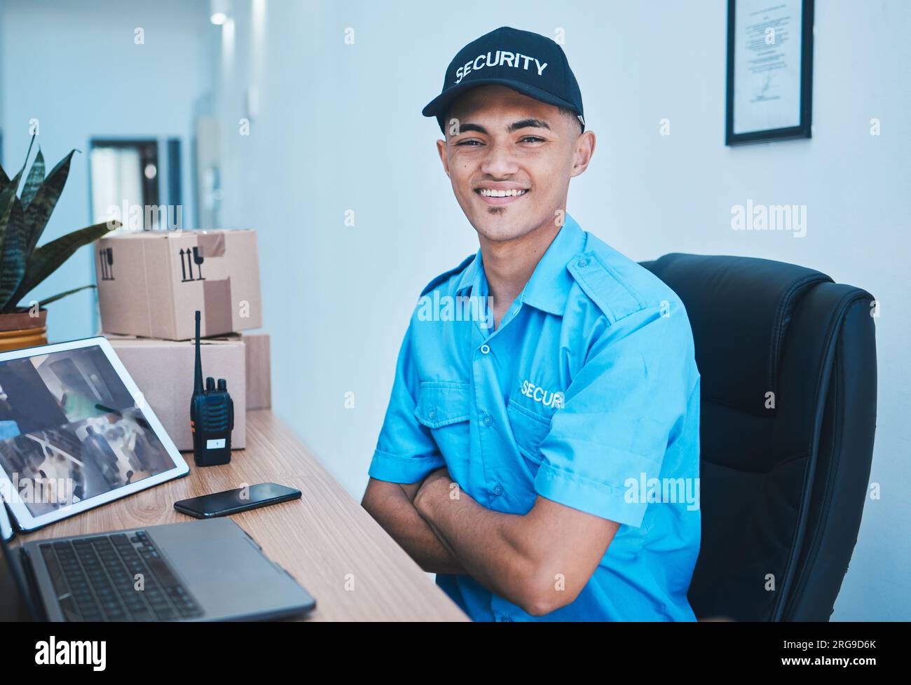Security guard man, portrait and smile to monitor with laptop, tablet ...