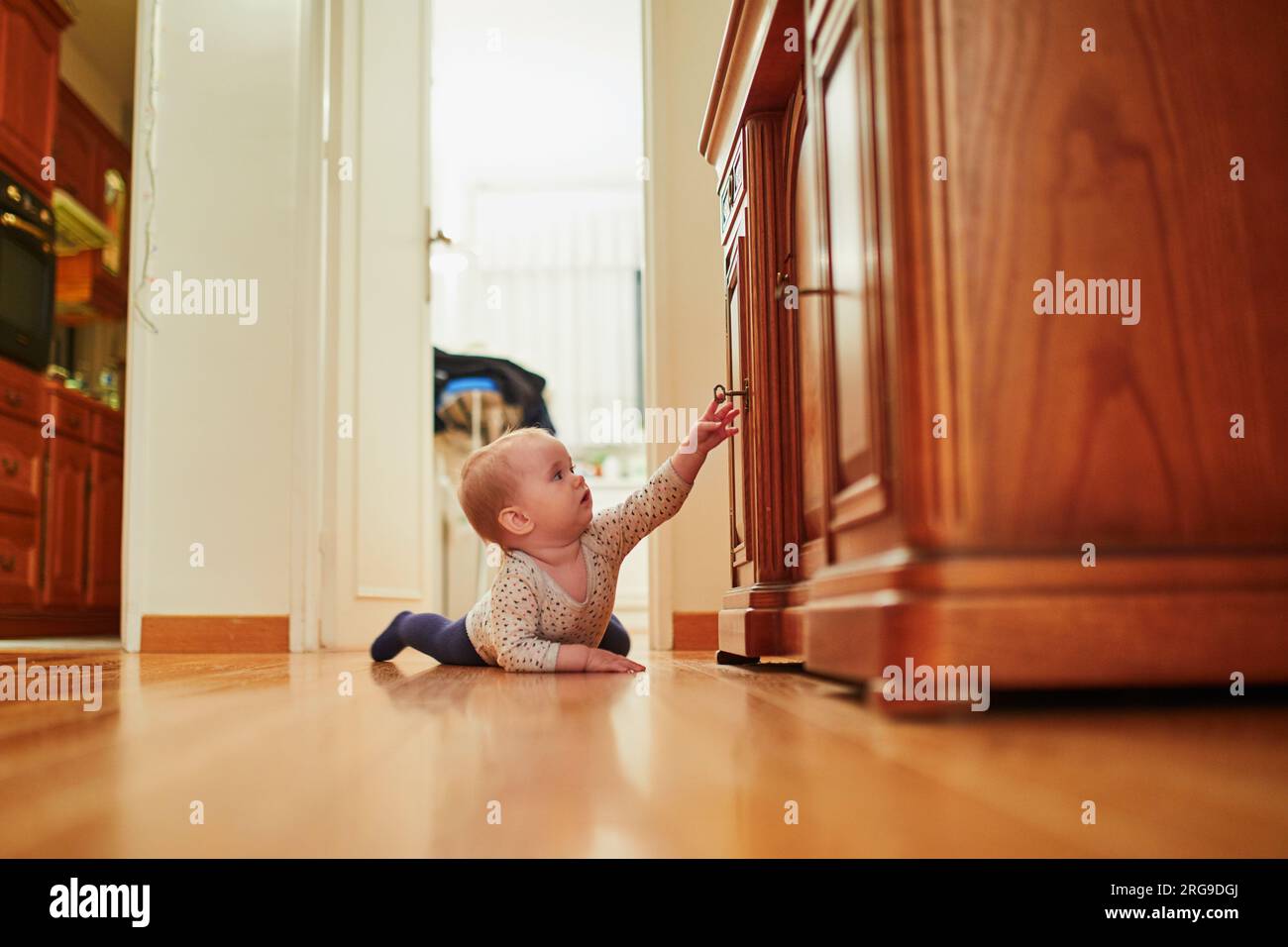 Baby girl learning to crawl. Happy healthy little child on the floor ...