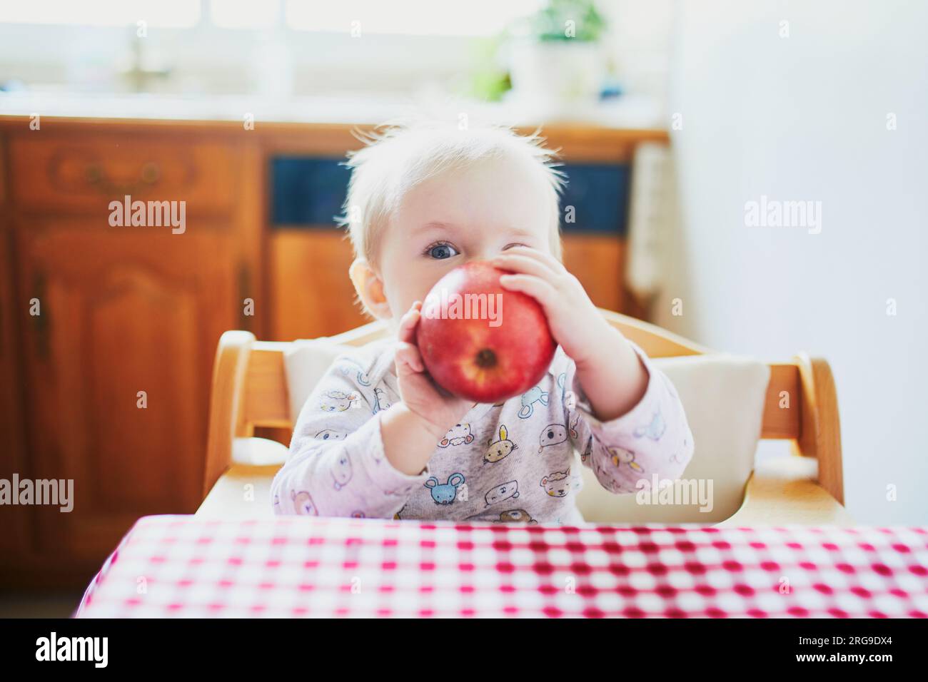 Cute baby girl eating apple in the kitchen. Little kid tasting solids ...