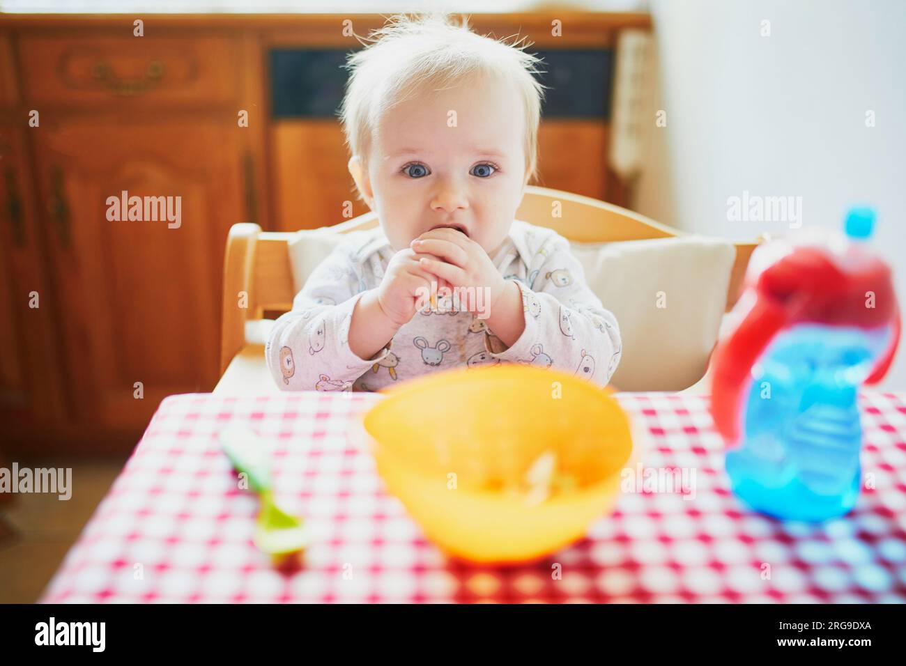 Cute baby girl eating lunch in the kitchen. Little kid tasting solids ...