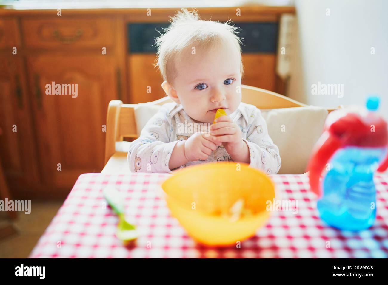 Cute baby girl eating lunch in the kitchen. Little kid tasting solids ...