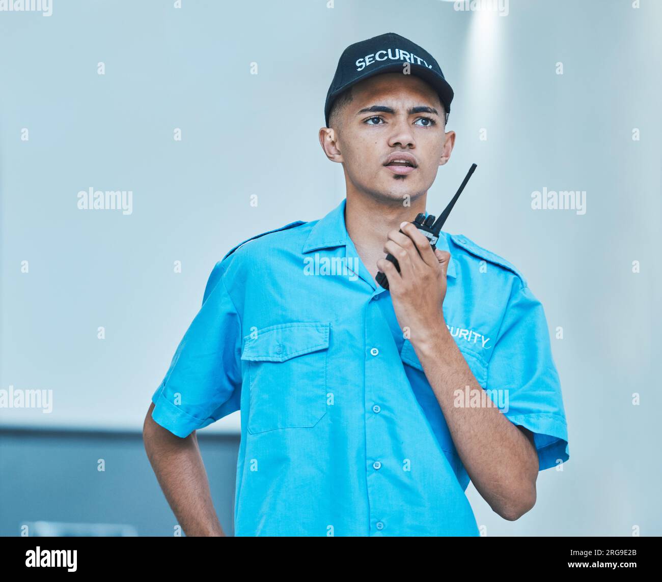 Security guard, walkie talkie and man in office in surveillance ...