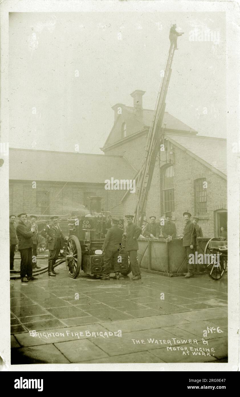 Fire Brigade at Work with Water Tower & Motor Engine, Brighton, Sussex ...