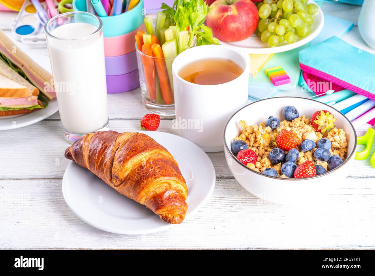 Healthy nutritious morning breakfast for school kids, with fresh fruits ...