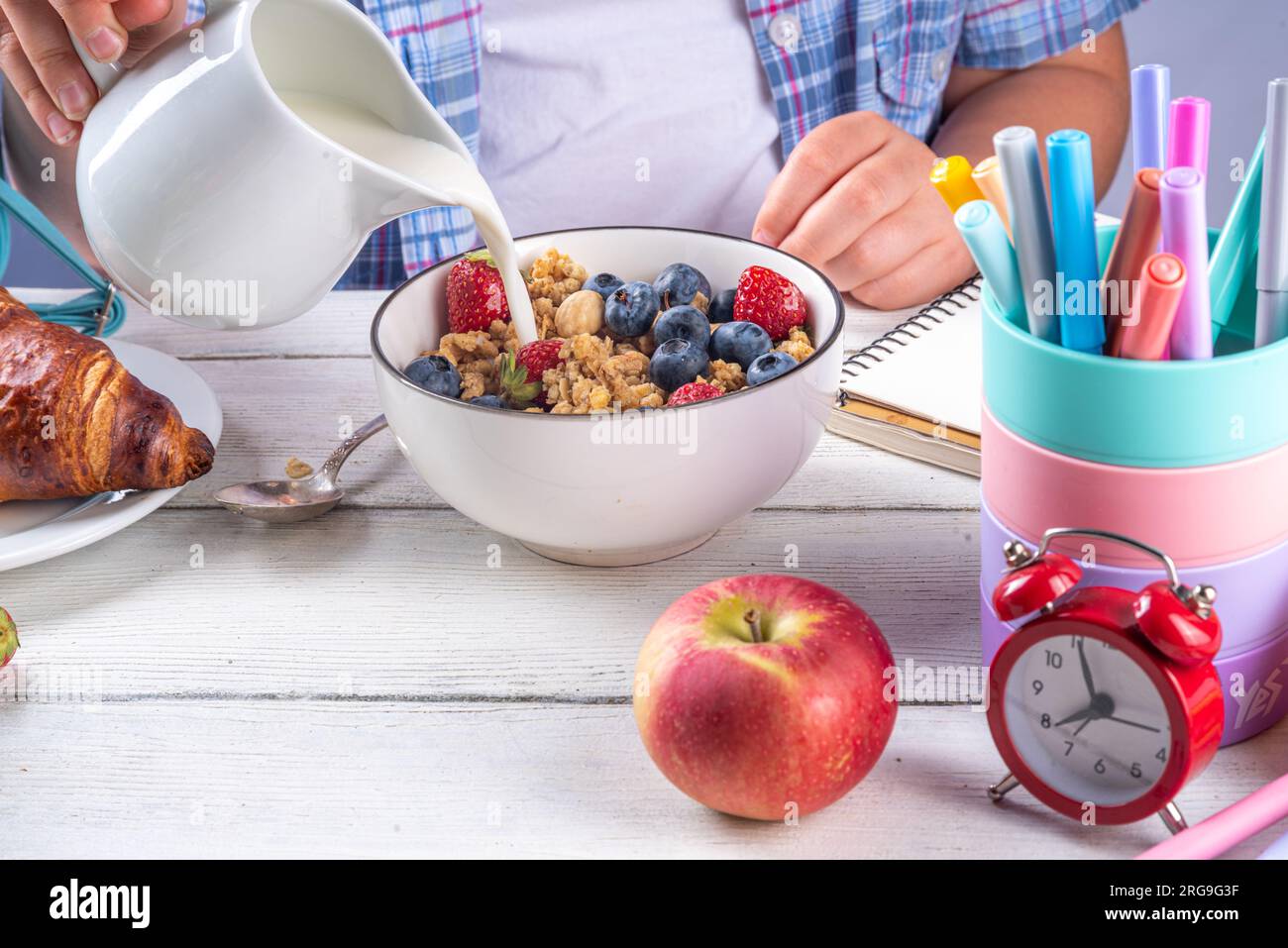 Healthy nutritious morning breakfast for school kids, with fresh fruits ...