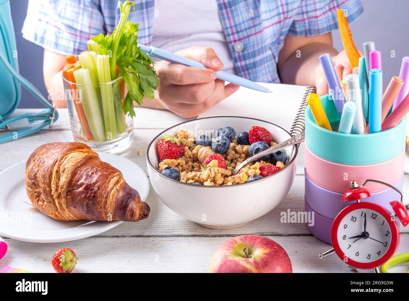 Healthy nutritious morning breakfast for school kids, with fresh fruits ...