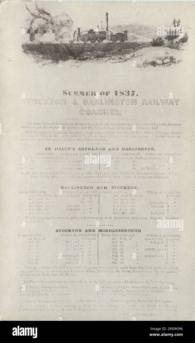 Stockton & Darlington 1837 Railway Experiment Timetable - The Rocket ...