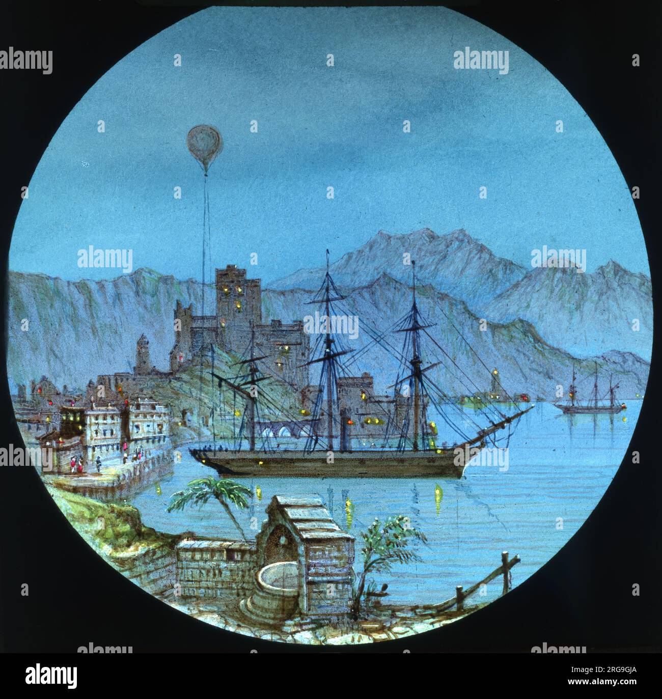 Nansen's 'Fram' expedition, ship in fjord with met. balloon at stern ...