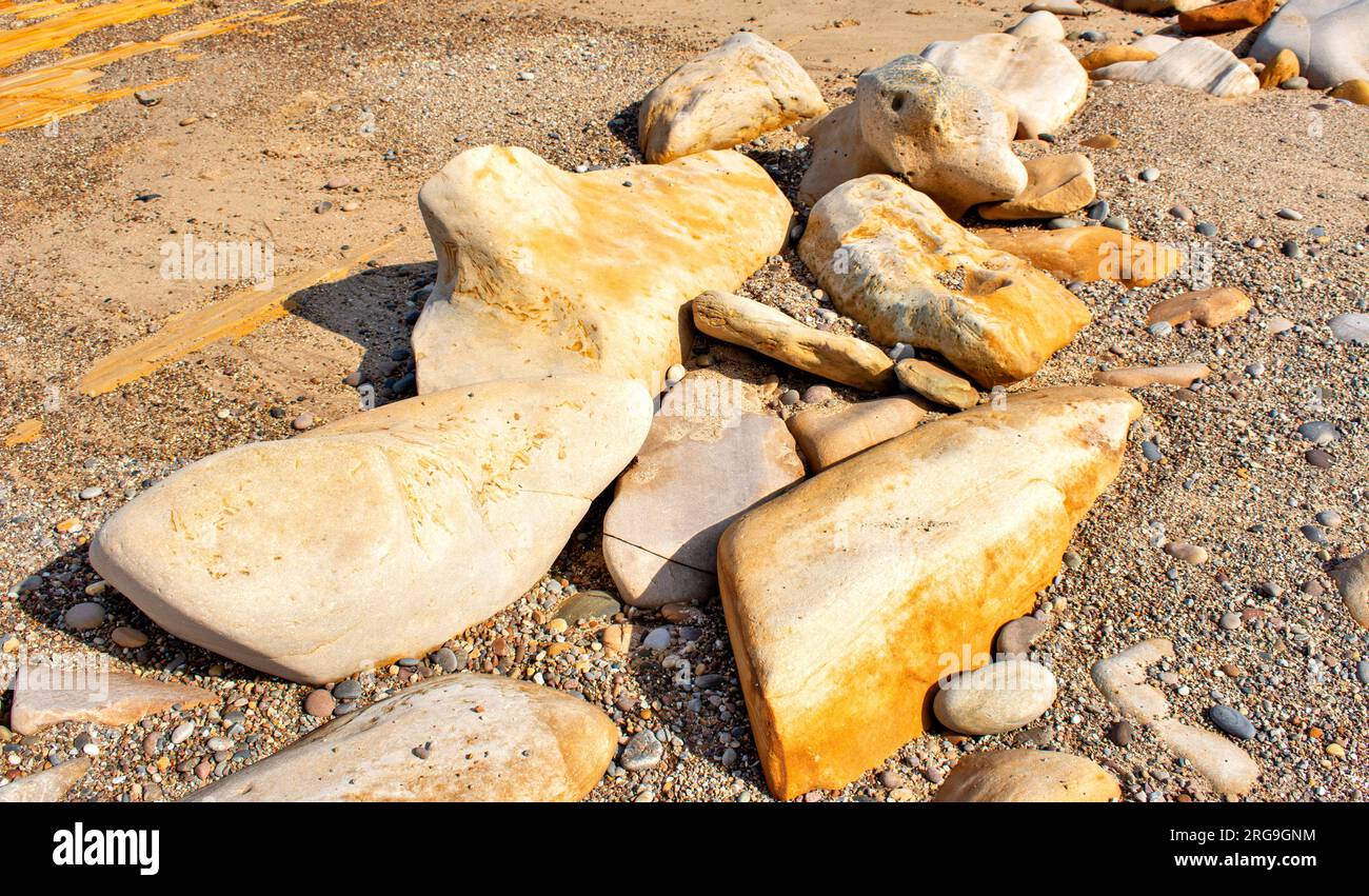 Hopeman Beaches sculptured rocks consisting of Hopeman Sandstone (Permo ...