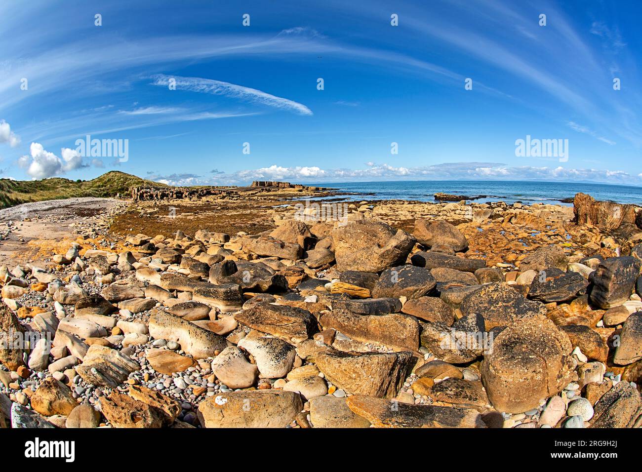 Hopeman Beaches view of rocks consisting of Hopeman Sandstone (Permo ...