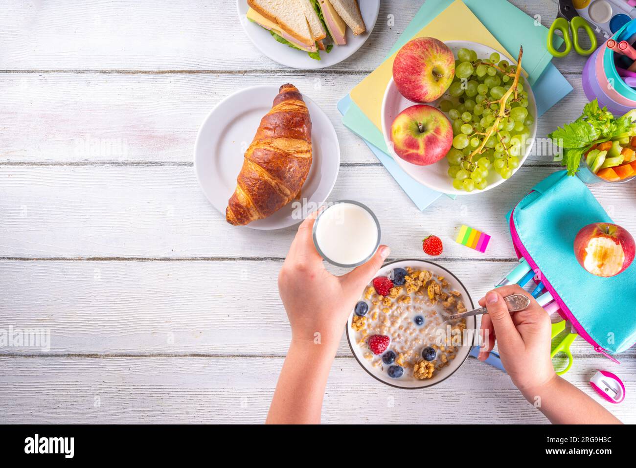 Healthy nutritious morning breakfast for school kids, with fresh fruits ...