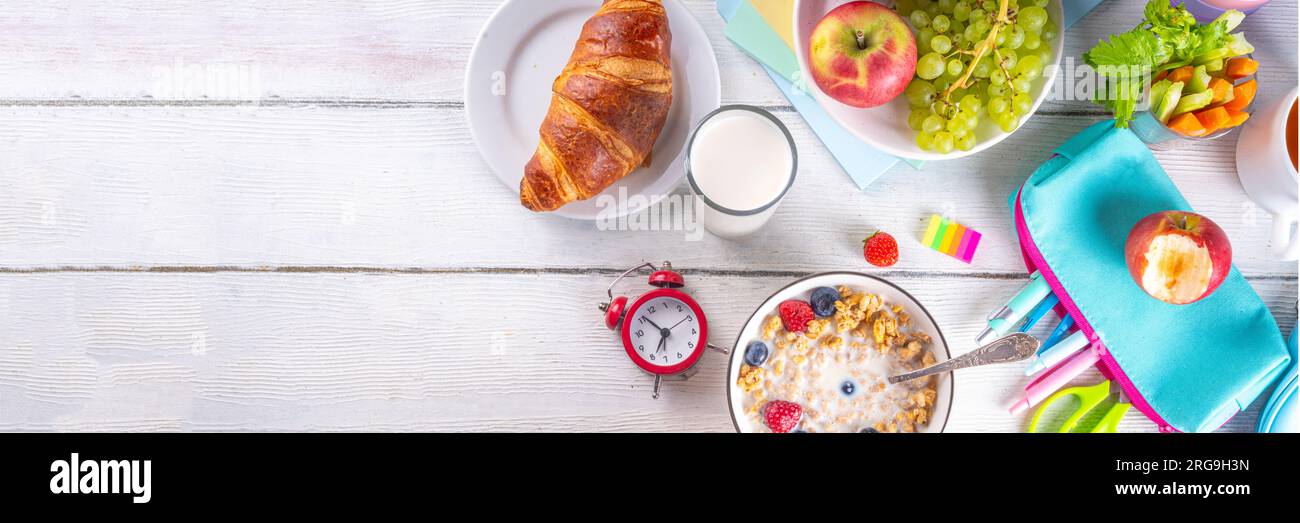 Healthy nutritious morning breakfast for school kids, with fresh fruits ...