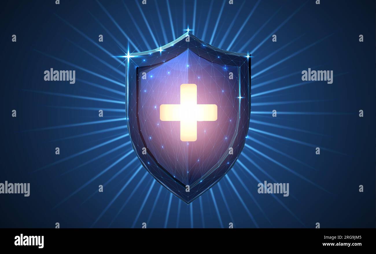 Shining shield and cross. Antimicrobial protect, covid-19 vaccination ...